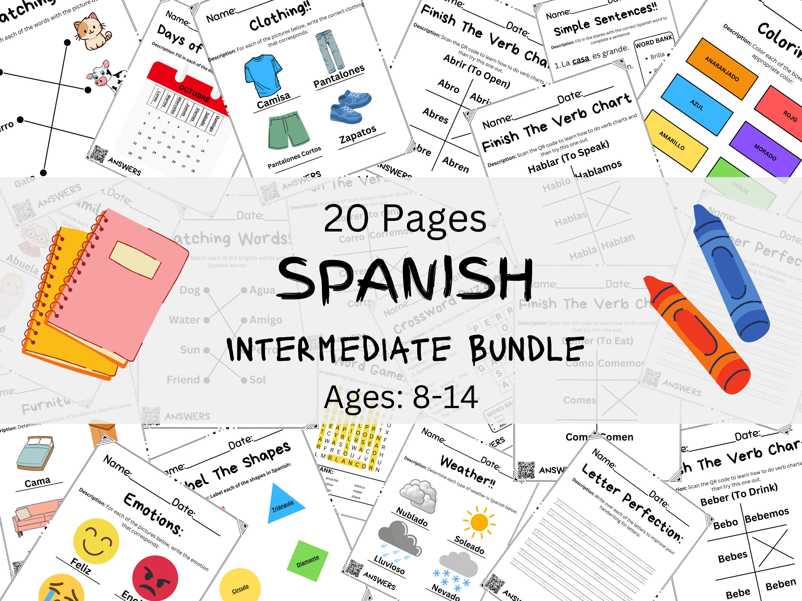 Spanish Bundle for Kids, 20 Pages | Spanish Intermediate to Middle ...