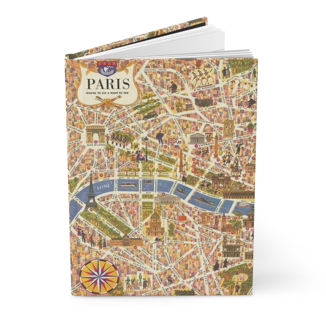 50s Paris Pictorial Map Hard Backed Journal, Vintage Travel Notebook ...