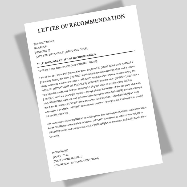 Editable Letter of Recommendation Template: MS Word & PDF (instant ...
