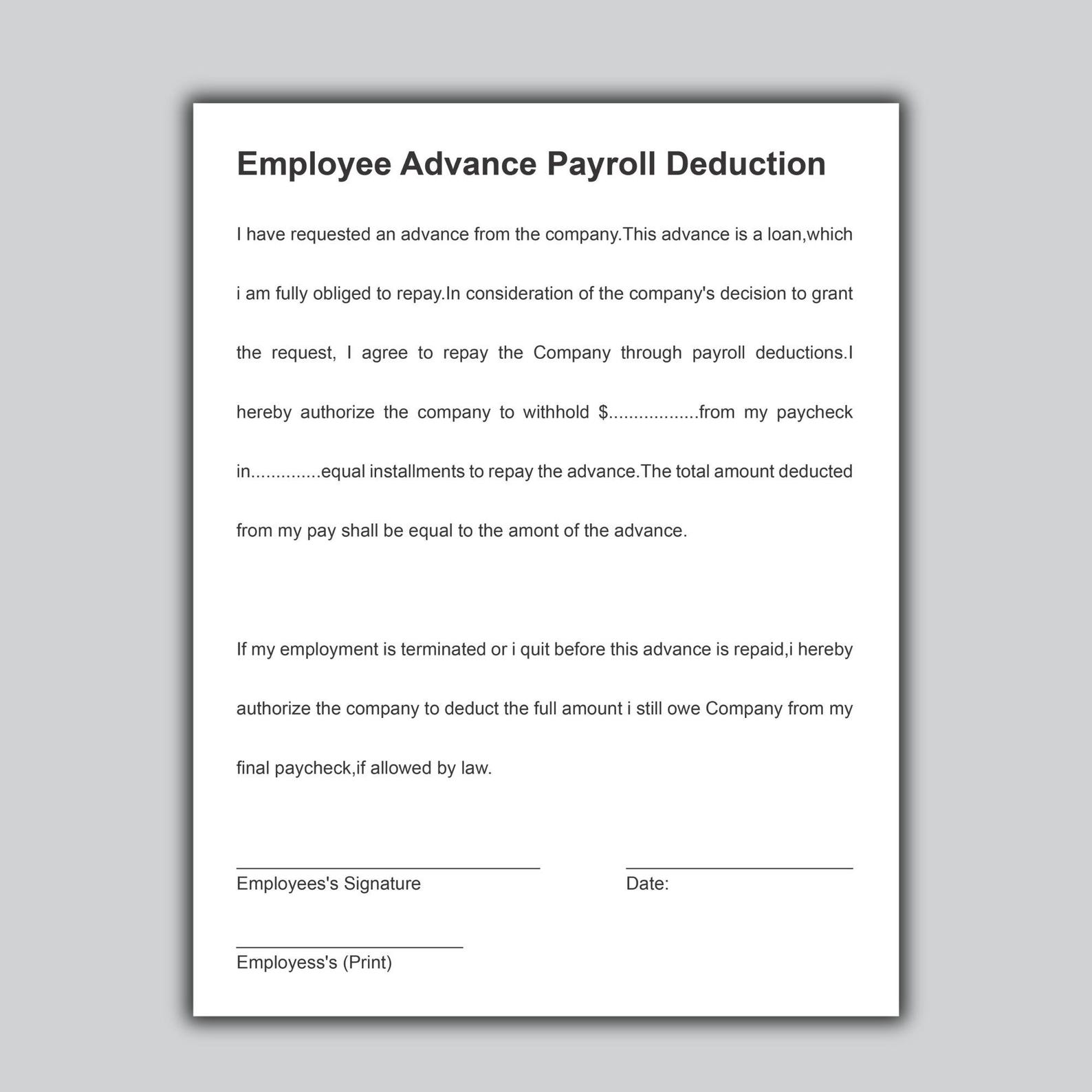 Employee Advance Payroll Deduction Template: Editable MS Word (instant ...