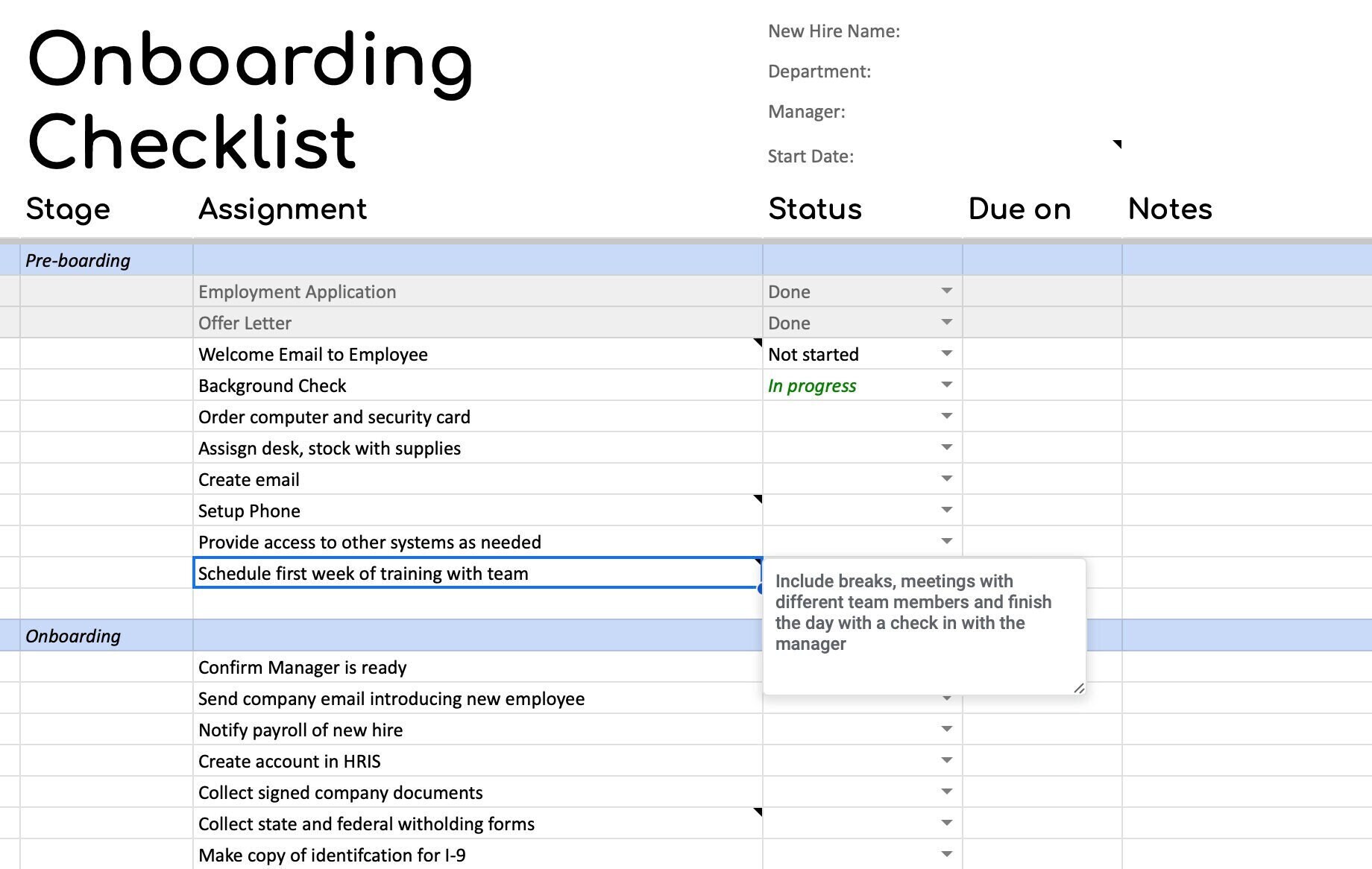 Onboarding Checklist New Hire Orientation Human Resources HR Templates ...