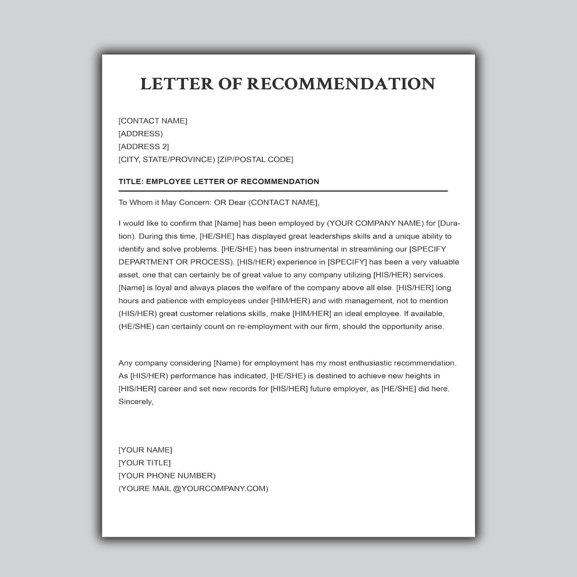 Editable Letter of Recommendation Template: MS Word & PDF (instant ...