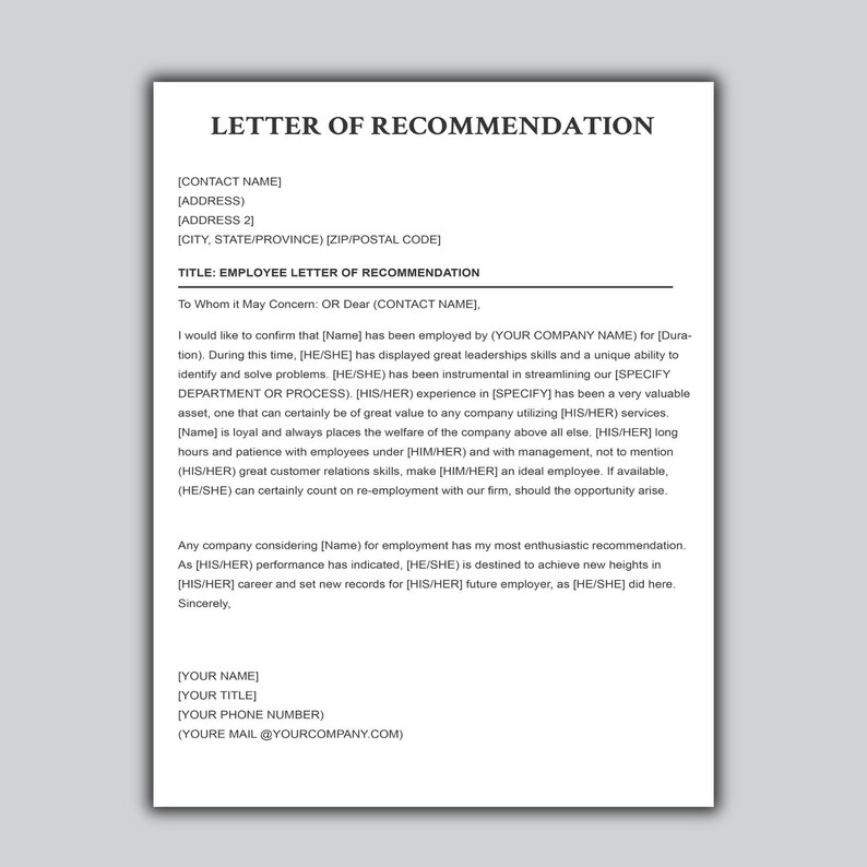 Letter of Recommendation Template | Editable MS Word & PDF | Job ...