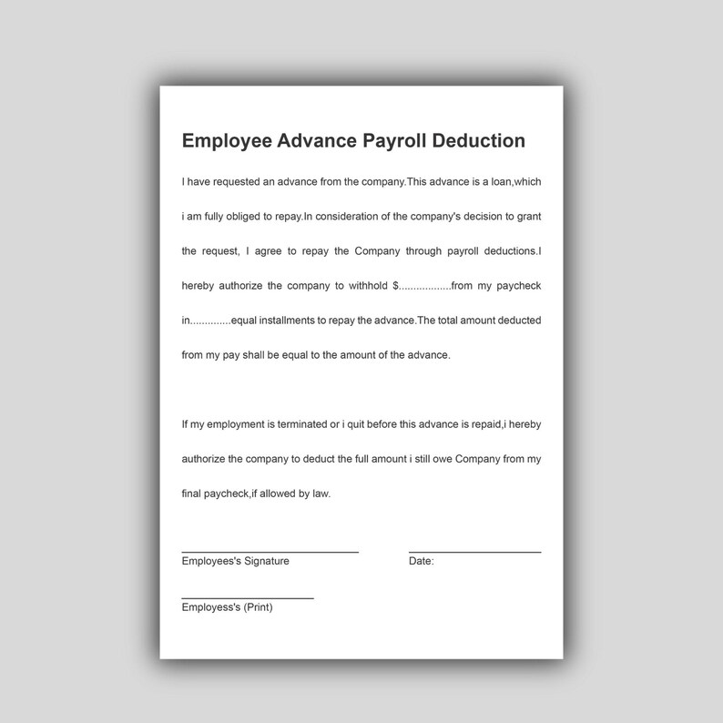 Employee Advance Payroll Deduction Template: Editable MS Word (instant ...