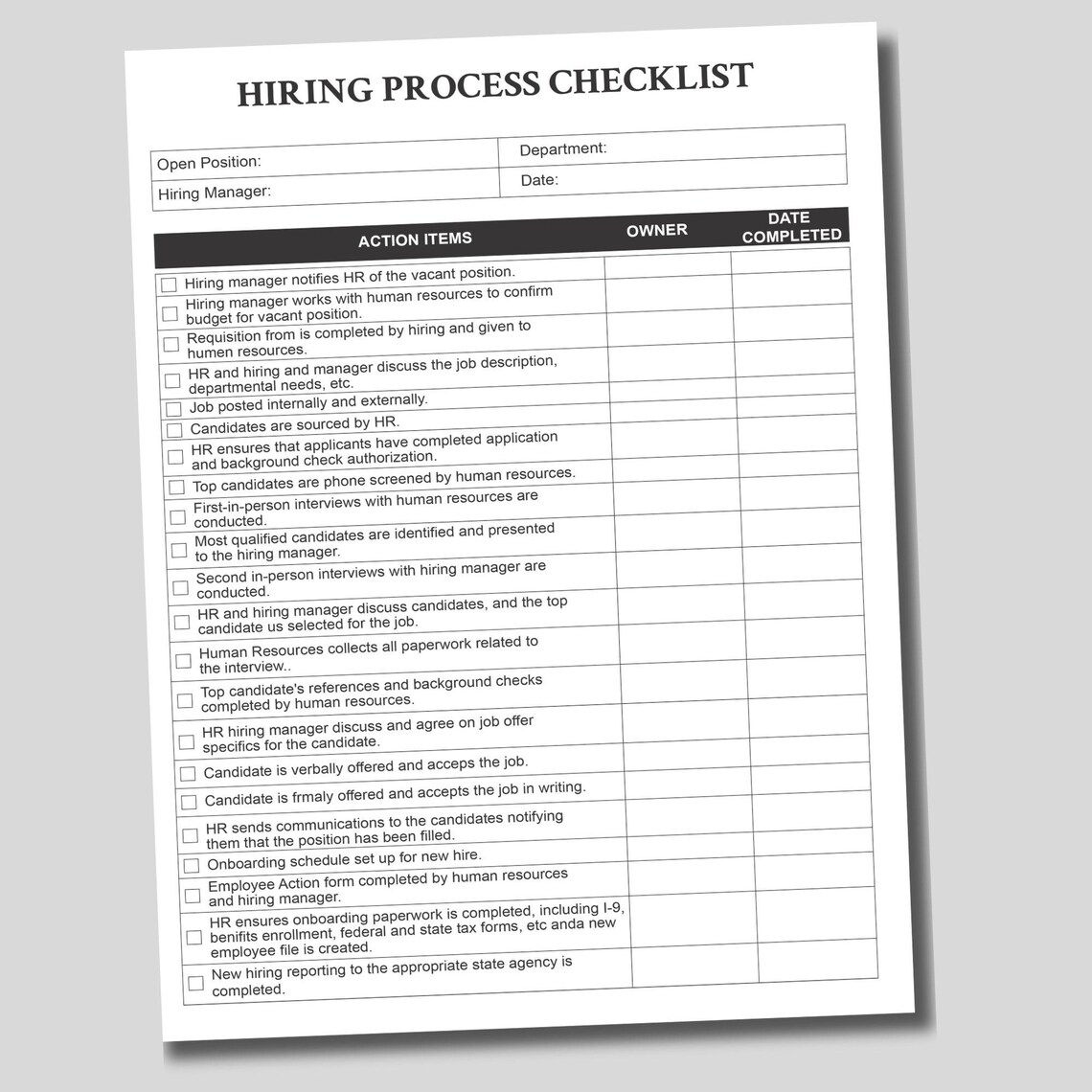 Hiring Process Checklist Template: Editable HR Onboarding (PDF & Word ...