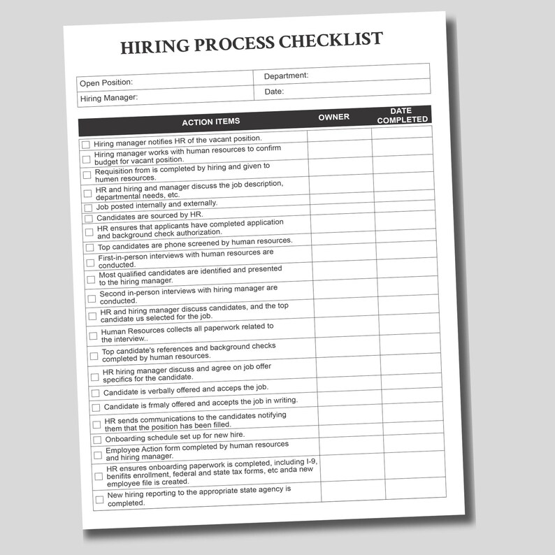 Hiring Process Checklist Template: Editable HR Onboarding (PDF & Word ...