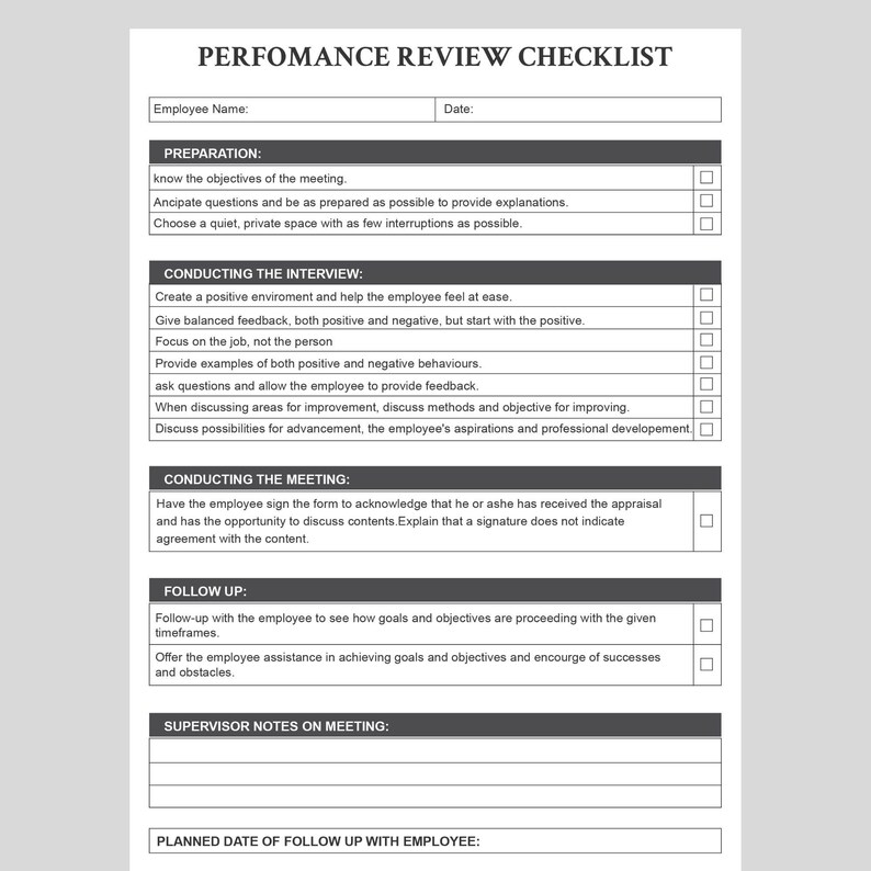 Performance Review Checklist | Employee Evaluation Form | Editable Template | MS Word Docx & PDF ...
