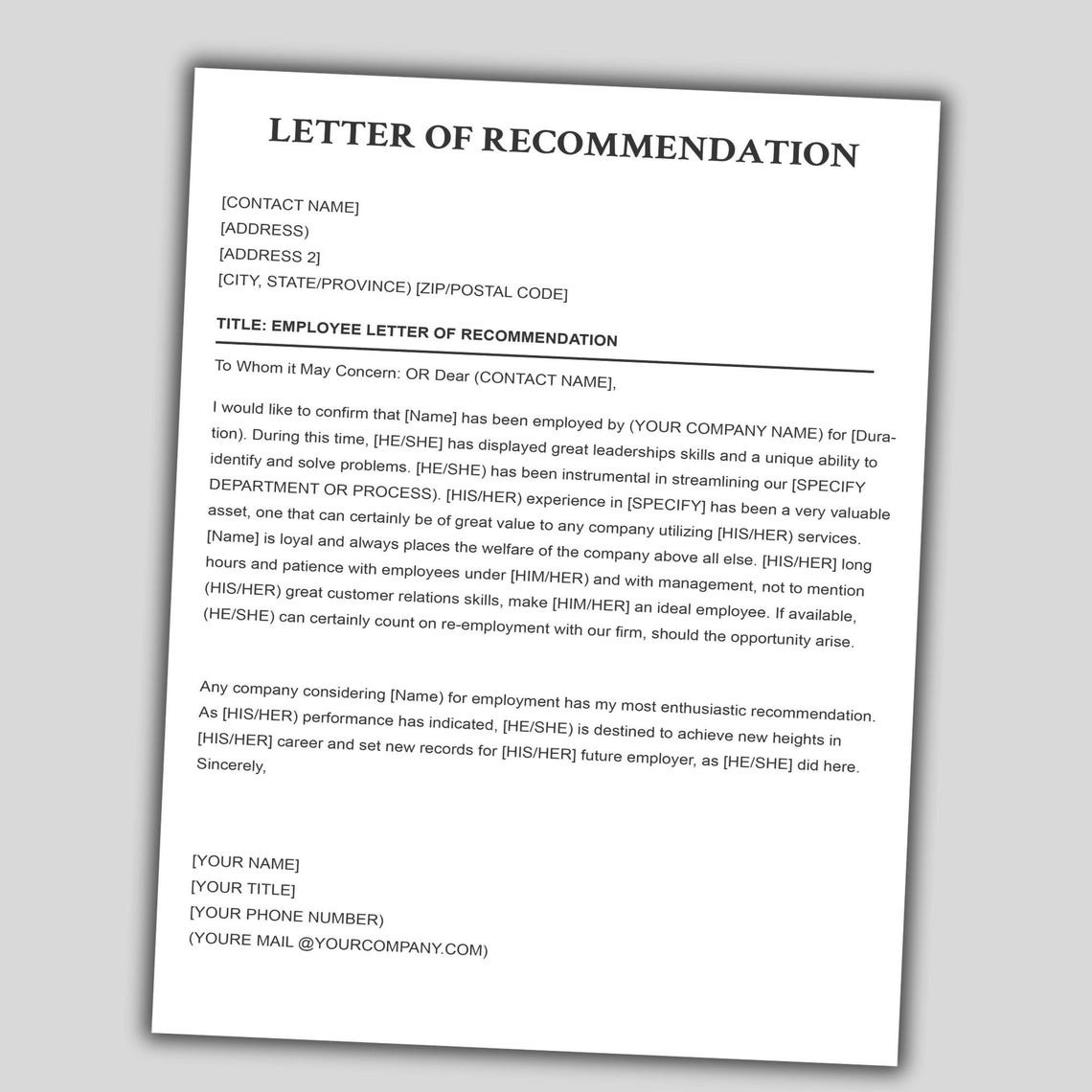 Editable Letter of Recommendation Template: MS Word & PDF (instant ...