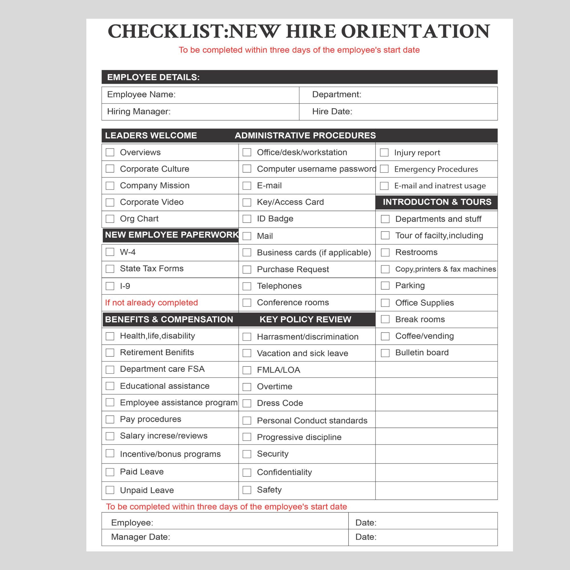 Employee Orientation Checklist PDF | Printable Onboarding Template | HR ...