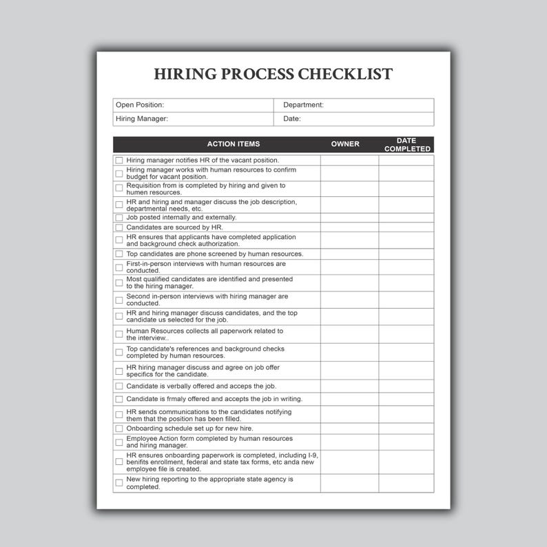 Hiring Process Checklist Template: Editable HR Onboarding (PDF & Word ...