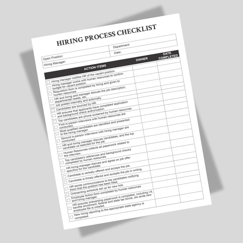 Hiring Process Checklist Template: Editable HR Onboarding (PDF & Word ...