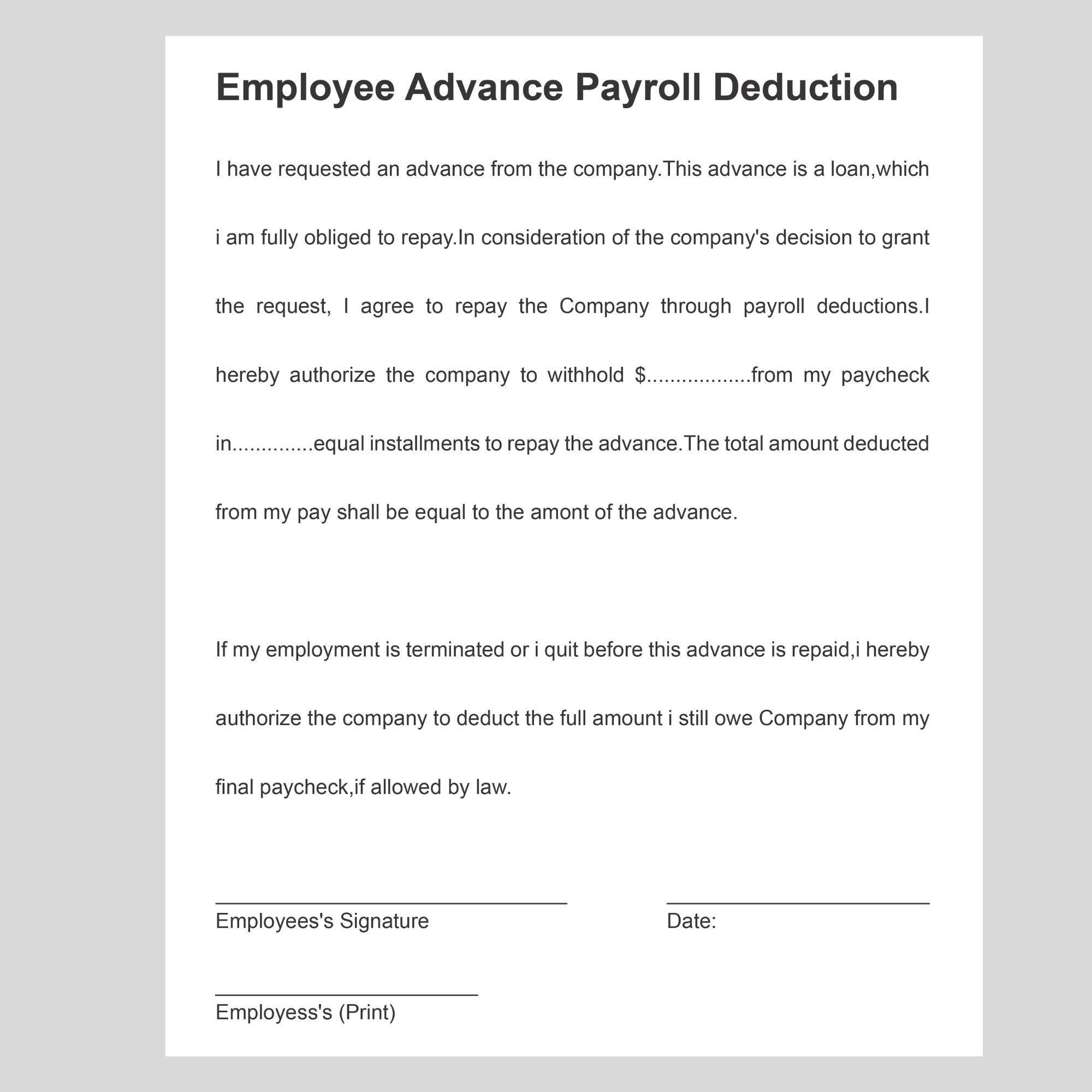 Employee Advance Payroll Deduction Template: Editable MS Word (instant ...