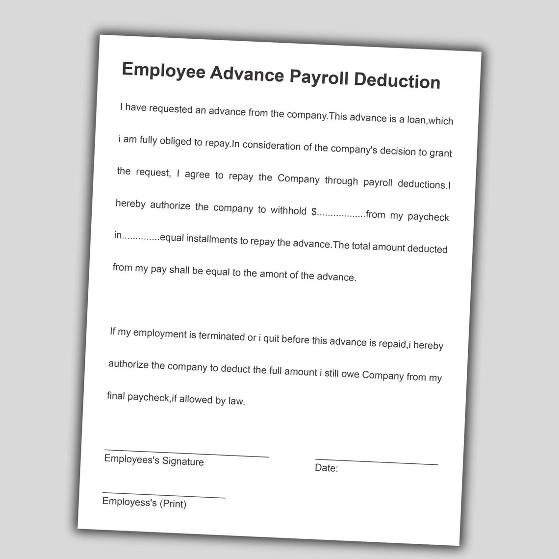 Employee Advance Payroll Deduction Template: Editable MS Word (instant Download) - Etsy