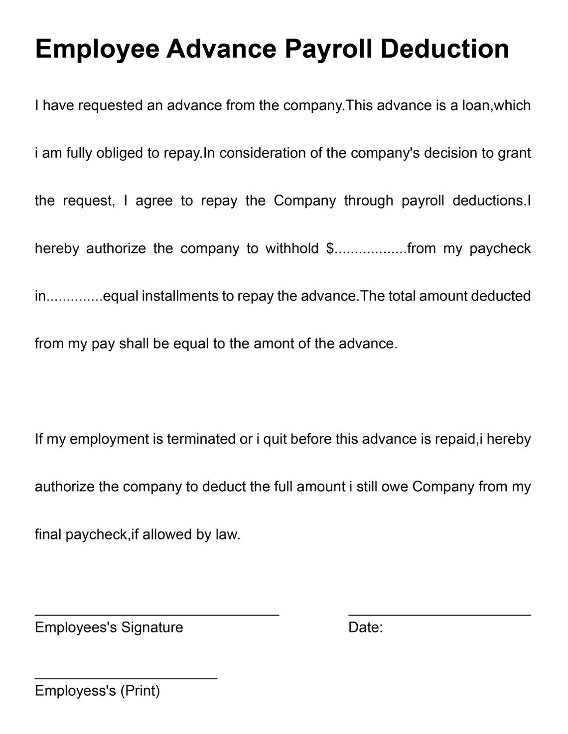 Employee Advance Payroll Deduction Template: Editable MS Word (instant ...