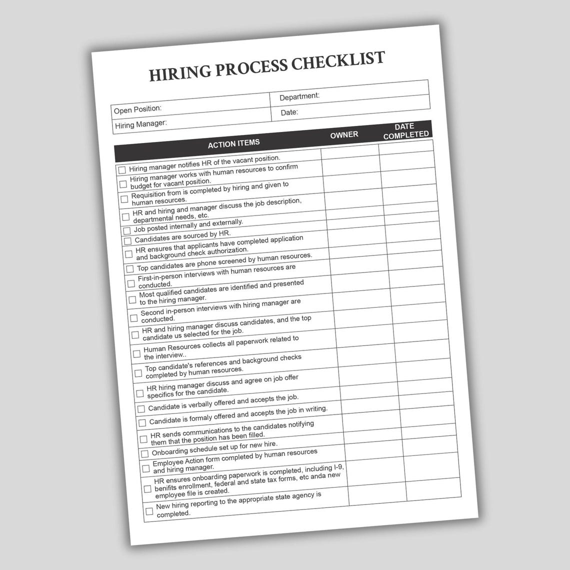 Hiring Process Checklist Template: Editable HR Onboarding (PDF & Word ...
