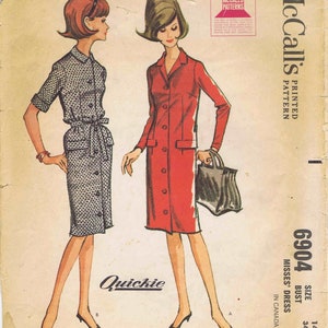 1960s Missed Front Buttoned Dress Mccalls 6904 Vintage Sewing Pattern ...
