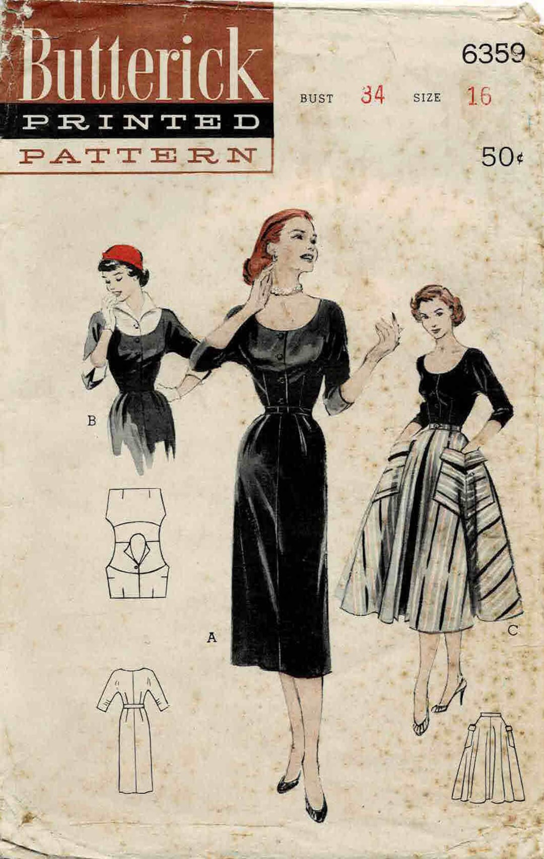 1950s Butterick 6359 Vintage Sewing Pattern Misses Sheath Dress With ...