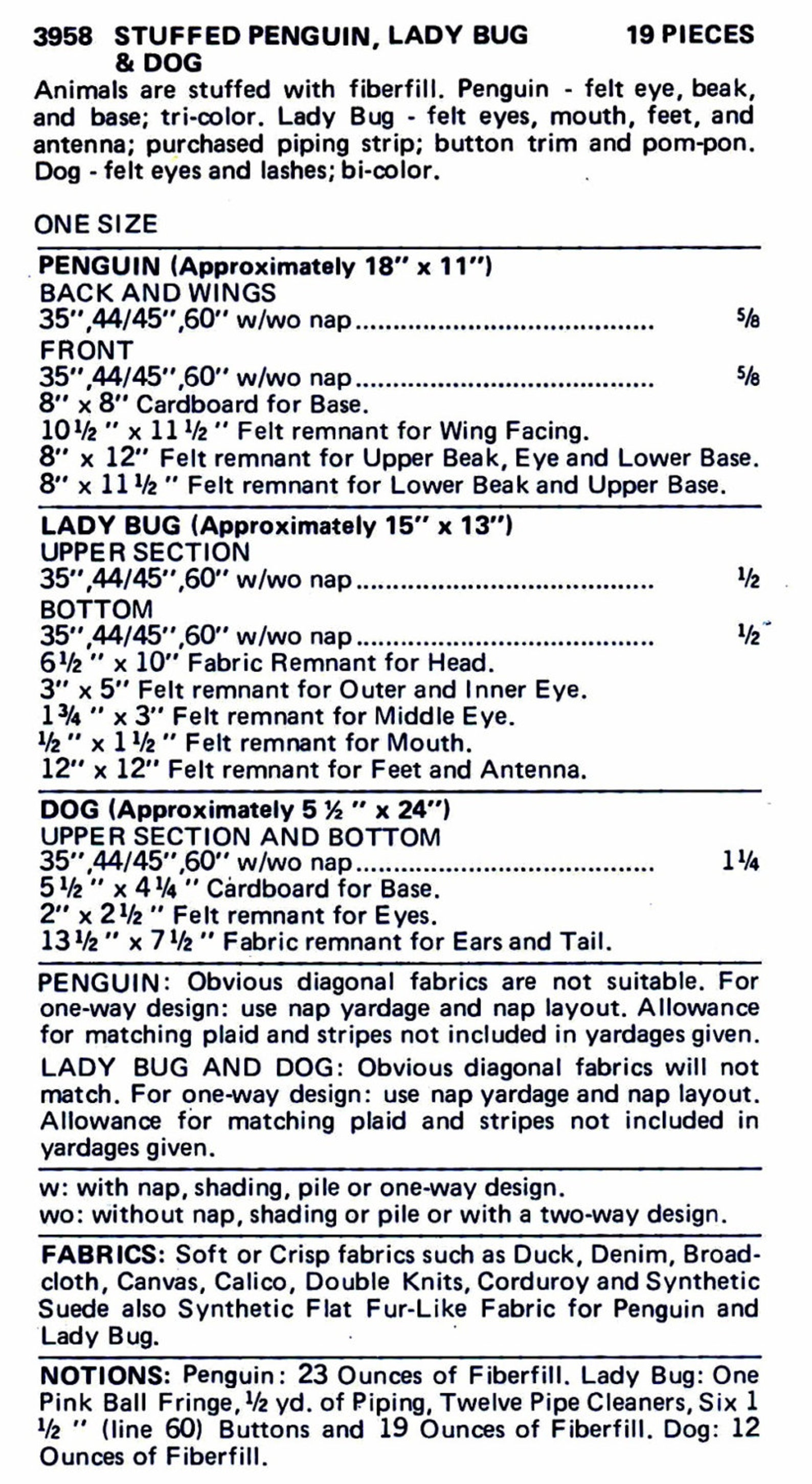 1970s Penguin Lady Bug Dog Stuffed Animals Butterick 3958 Vintage ...