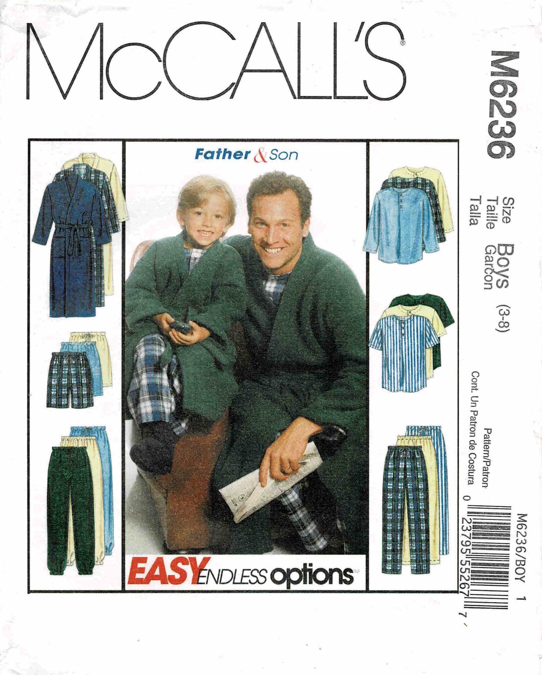Boys Robe With Tie Belt, Pajamas, Top, Pants or Short Shorts Mccall's 6236 Sewing Pattern Size 3 ...