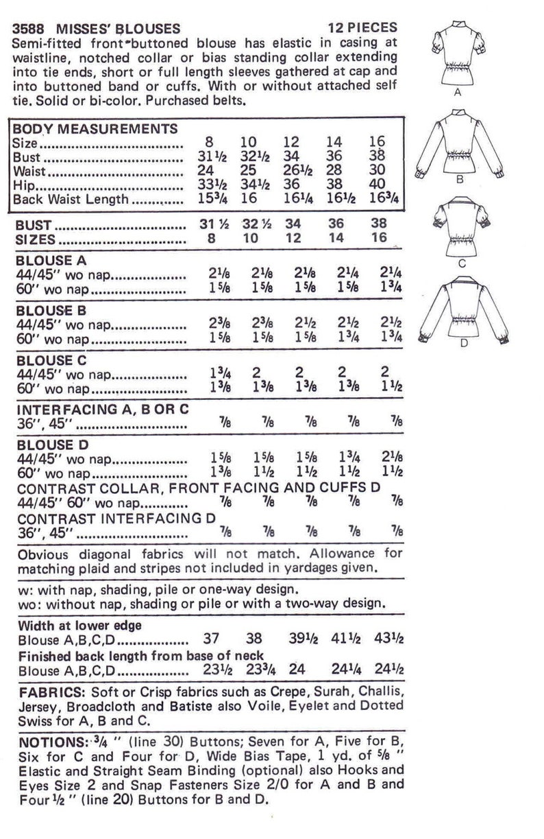 1970s Misses Semi-fitted Front Button Blouses Butterick 3588 | Etsy