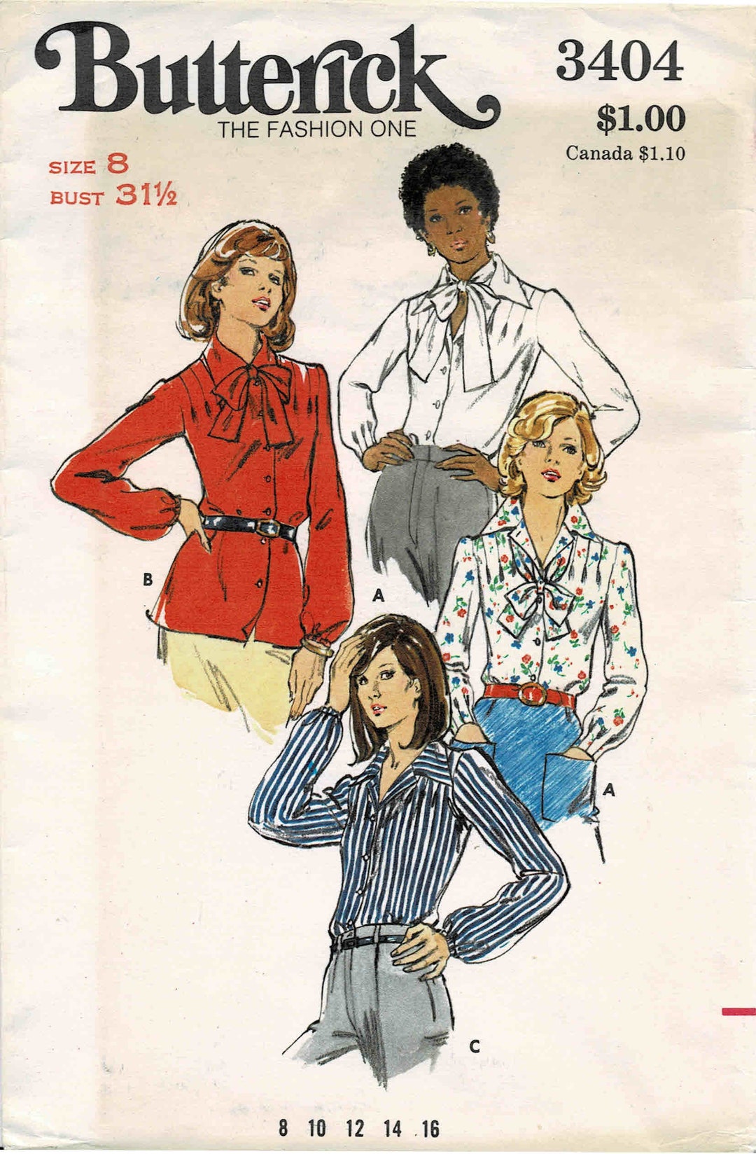 1970s Misses Semi-fitted Front Button Blouse Butterick 3404 Vintage ...