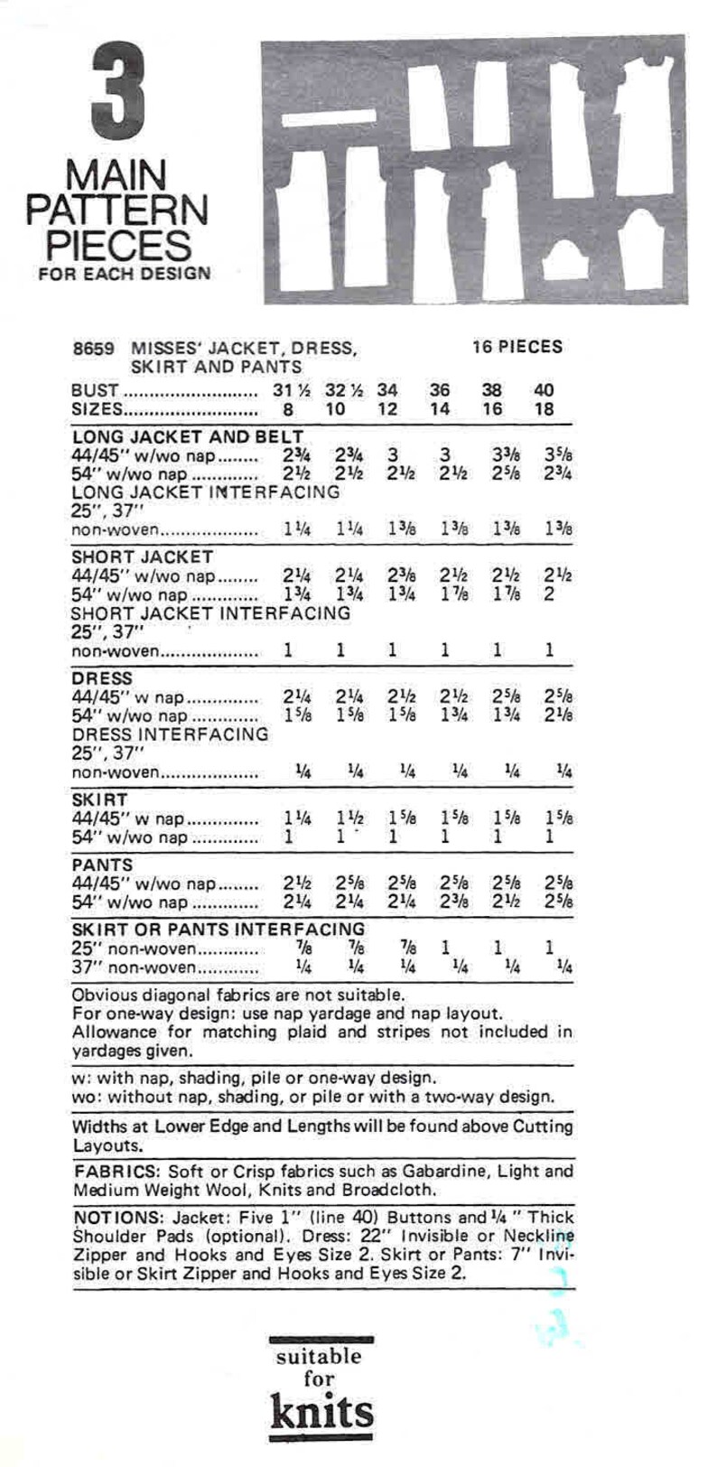 1970s Misses Jacket Dress Skirt Pants Vogue 8659 Vintage - Etsy