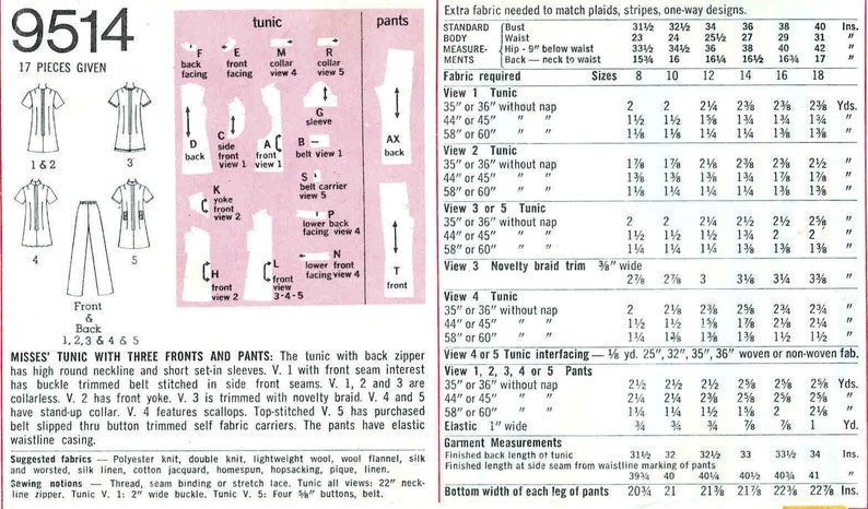 1970s Misses Tunic With Three Fronts and Pants Simplicity 9514 - Etsy