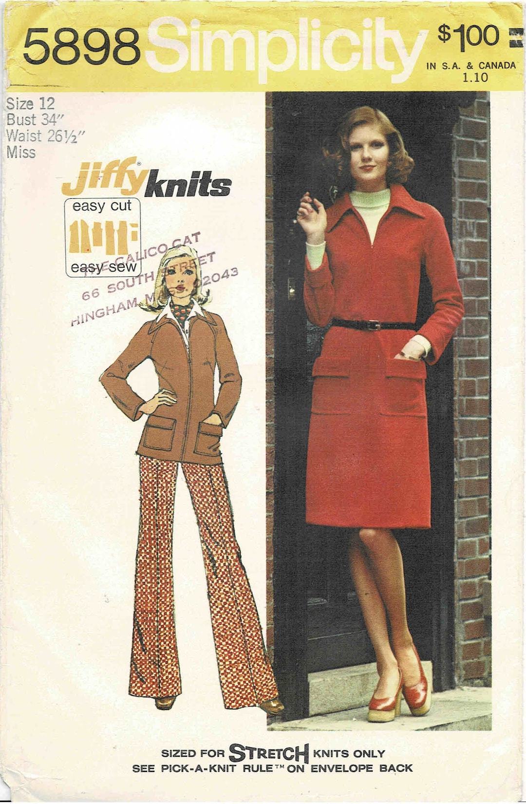 1970s Misses Jiffy Zip Front Knit Dress or Top and Pants Simplicity ...
