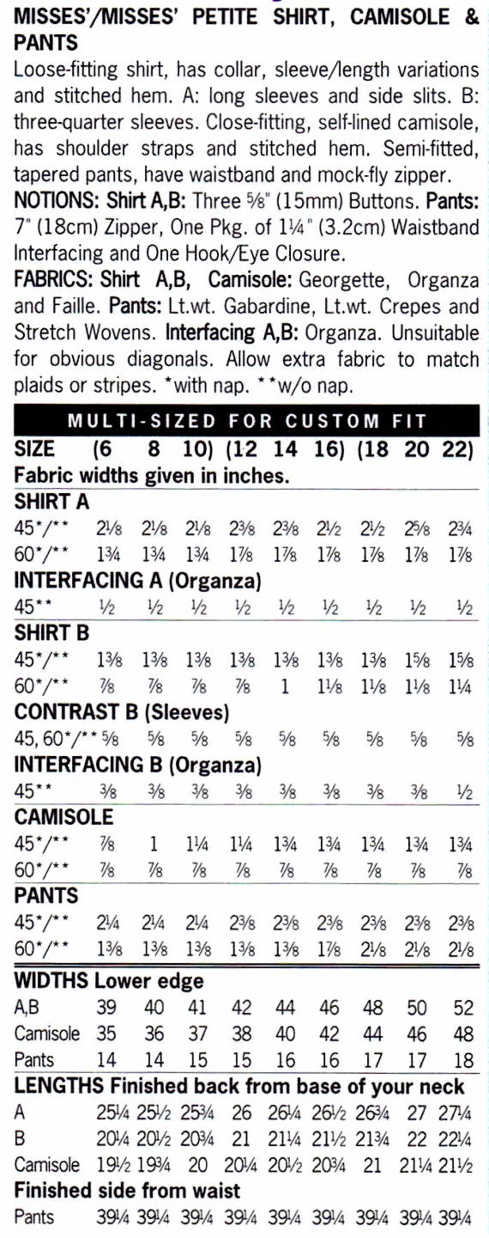 Misses Shirt Caimsole Pants Butterick 6710 Sewing Pattern Size - Etsy