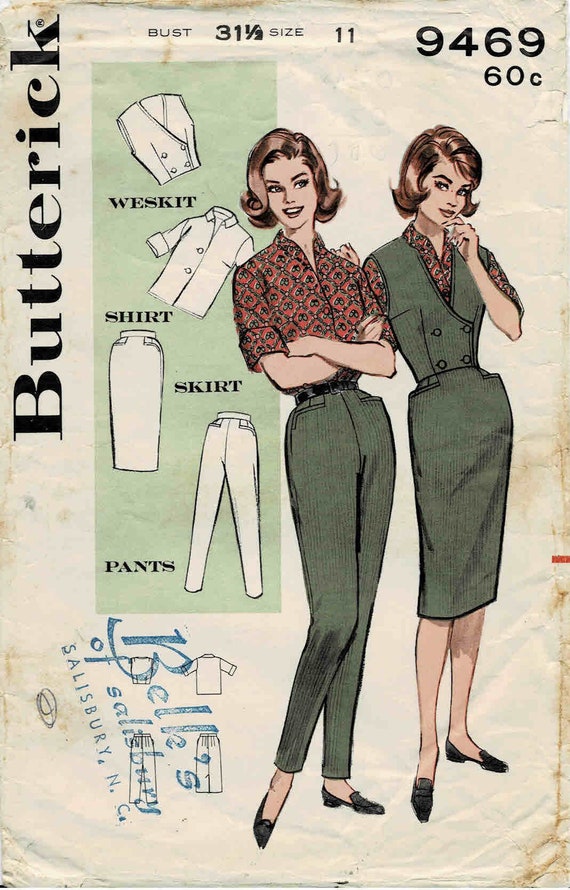 1960s Pants Skirt Weskit Shirt Outfit Maker Butterick 9469 - Etsy