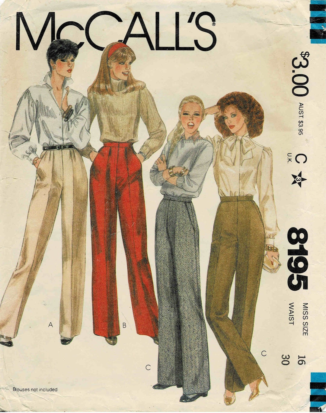 1980s Misses Front Zipped Pants Mccall's 8195 Vintage Sewing Pattern ...