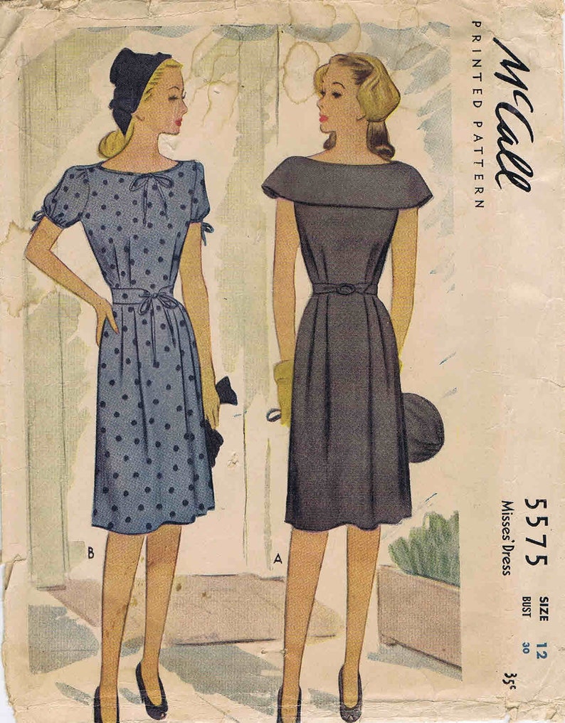 1940s Misses Bertha Collar Dress Mccall 5575 Vintage Sewing Pattern ...