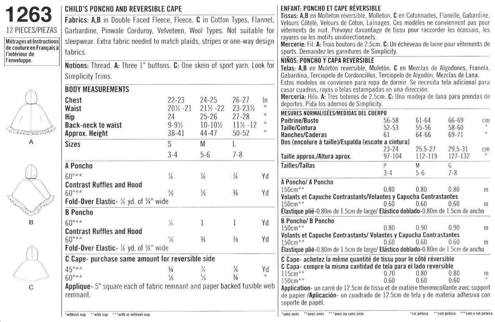 Girls Poncho and Reversible Cape Simplicity 1263 Sewing | Etsy