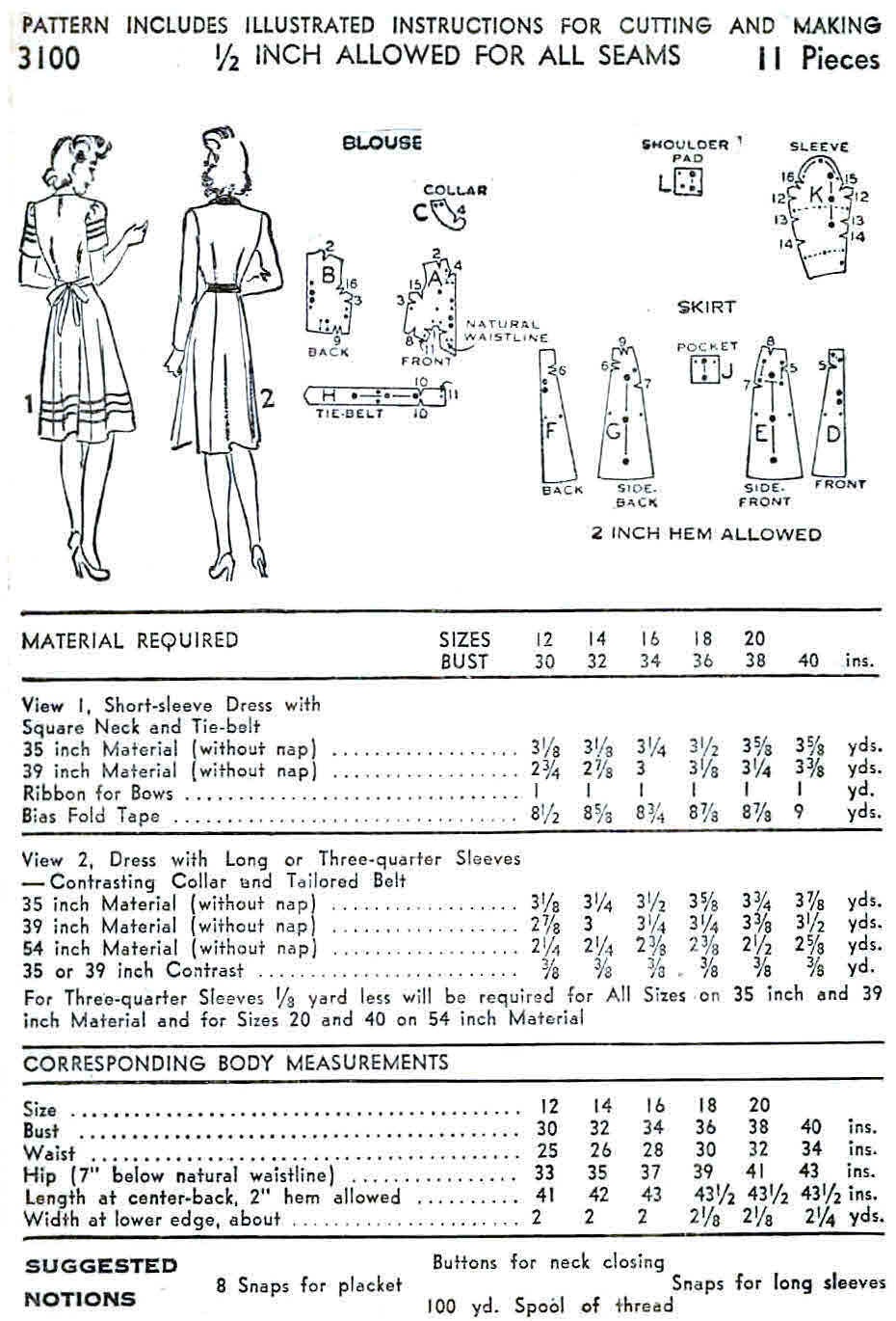 1940s Advance 3100 Vintage Sewing Pattern Misses Square Neck Basque ...