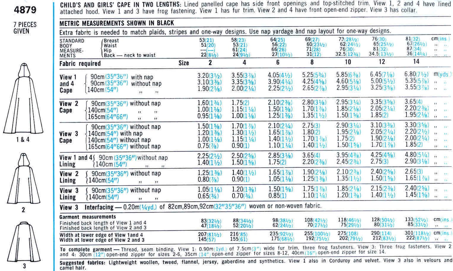 1970s Girls Cape in Two Lengths Style 4879 Vintage Sewing - Etsy