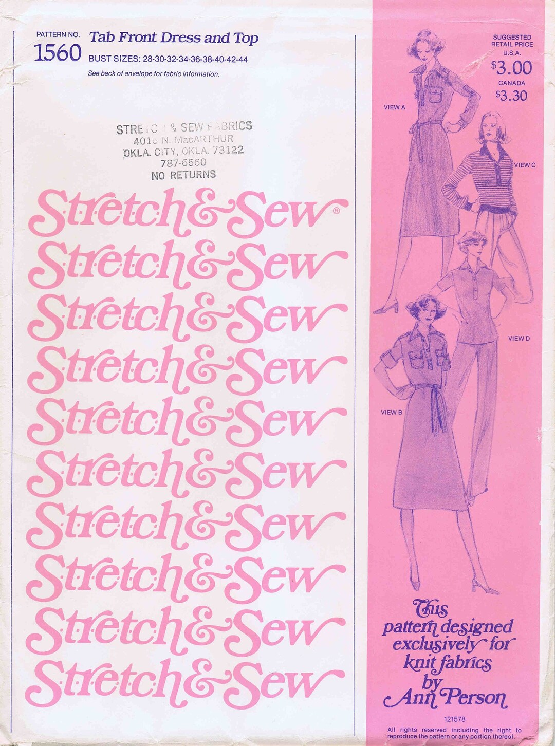 Misses Tab Front Dress and Top Stretch & Sew 1560 Vintage Sewing ...