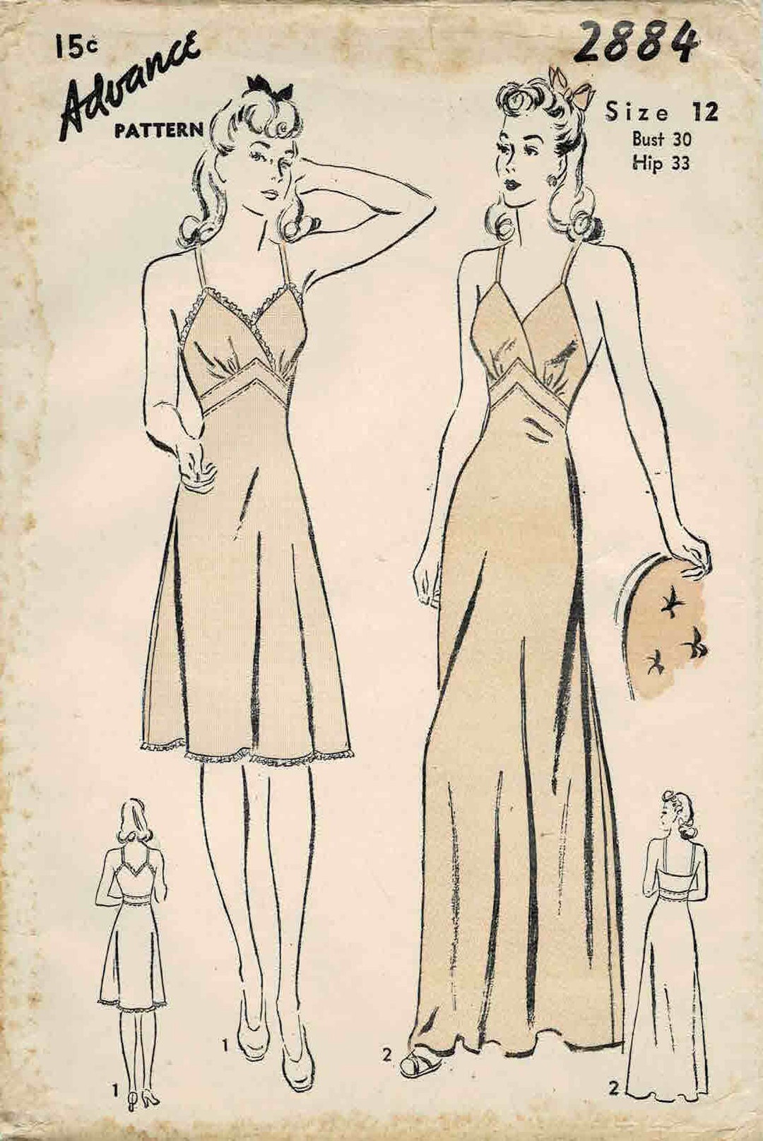 1940s Advance 2884 Vintage Slip Sewing Pattern Misses Short or Long Low ...