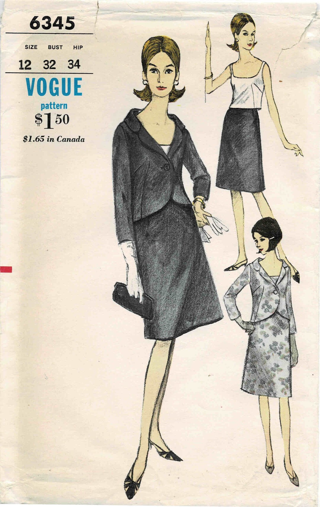 1960s Misses Suit and Blouse Vogue 6345 Vintage Sewing Pattern Size 12 ...