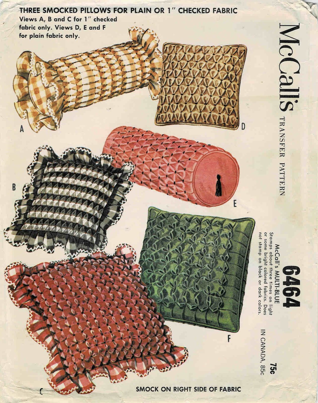1960s Honeycomb Pineapple Bolster and Square Smocked Pillows Mccall's ...