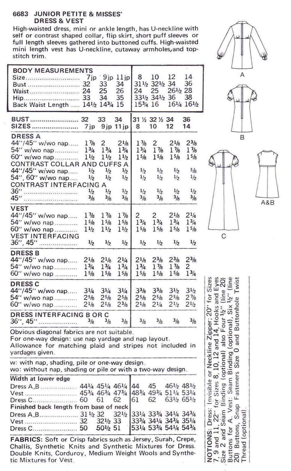 1970s Junior Misses High Waist Dress and Vest Butterick 6683 Vintage ...