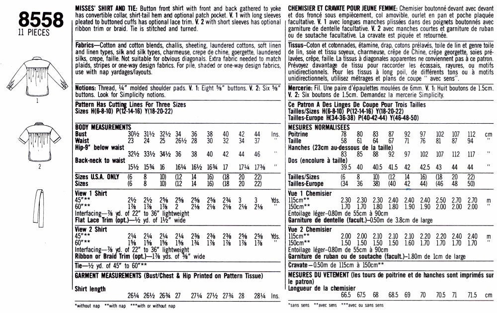 Misses Front Button Shirt and Tie Simplicity 8558 Vintage | Etsy