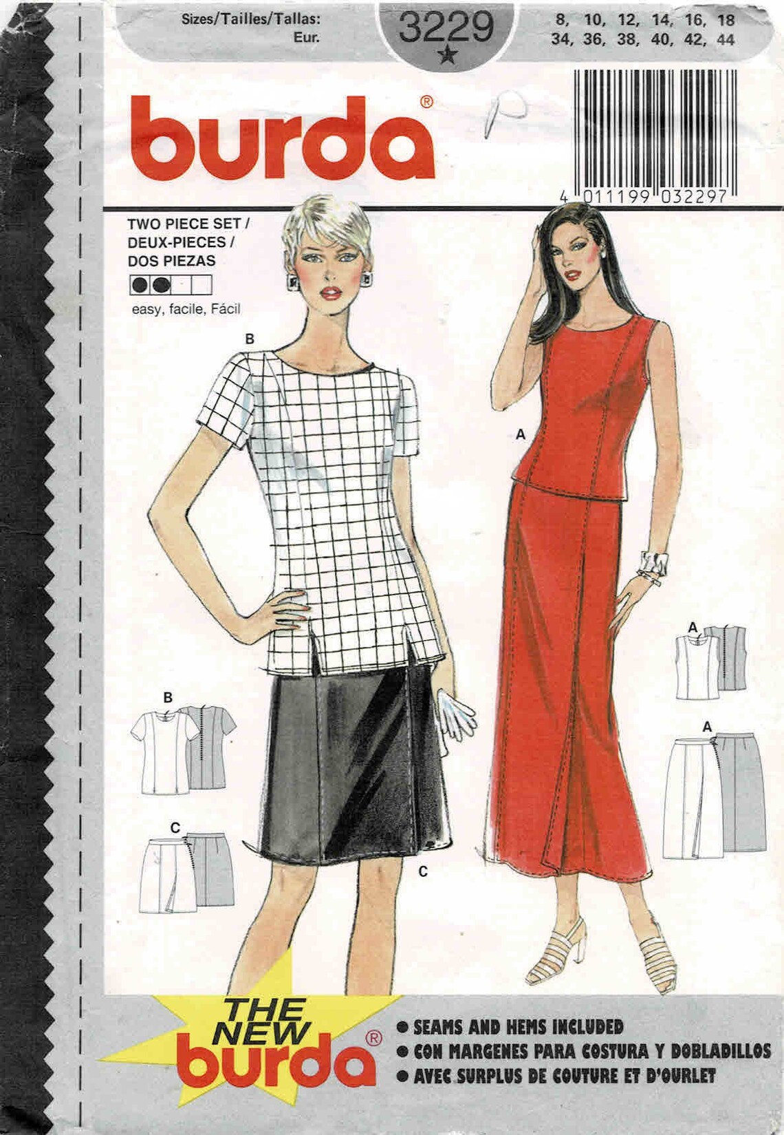 1990s Misses Top and Skirt Burda 3229 Vintage Sewing Pattern Size 8 ...