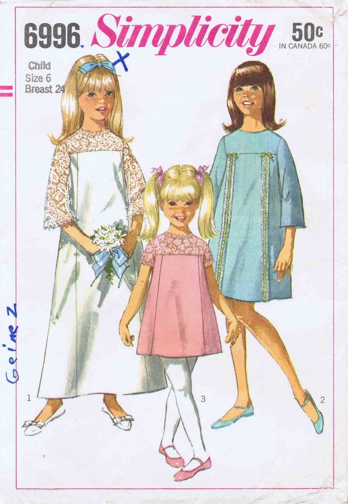 1960s Girls Lace Bell Sleeves Dress Flowergirls Dress Simplicity 6996 ...