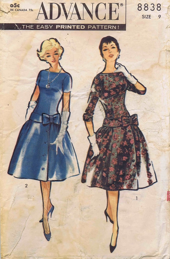 1950s Long Torso Dress With Bow Trimmed Hip Advance 8838 | Etsy