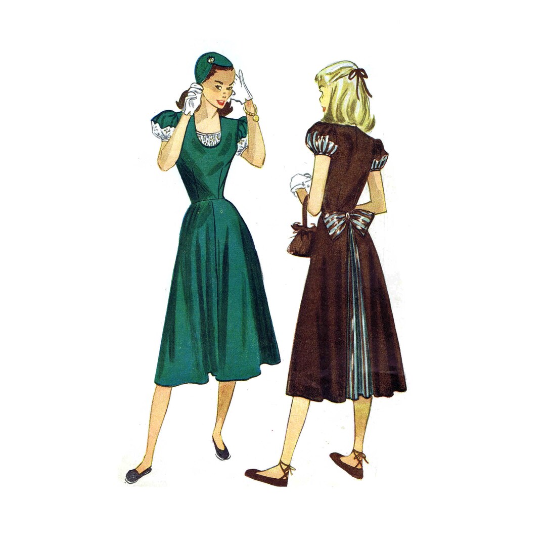 1940s Teen Girls U-neckline Flared Puff Sleeve Dress Simplicity 2245 ...