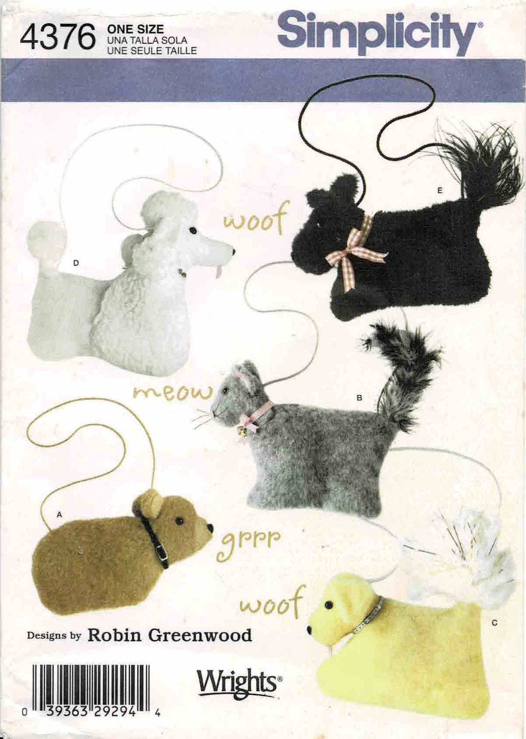 Simplicity 4376 Sewing Pattern Cat Kitten Dog Puppy Poodle Animal Bags ...