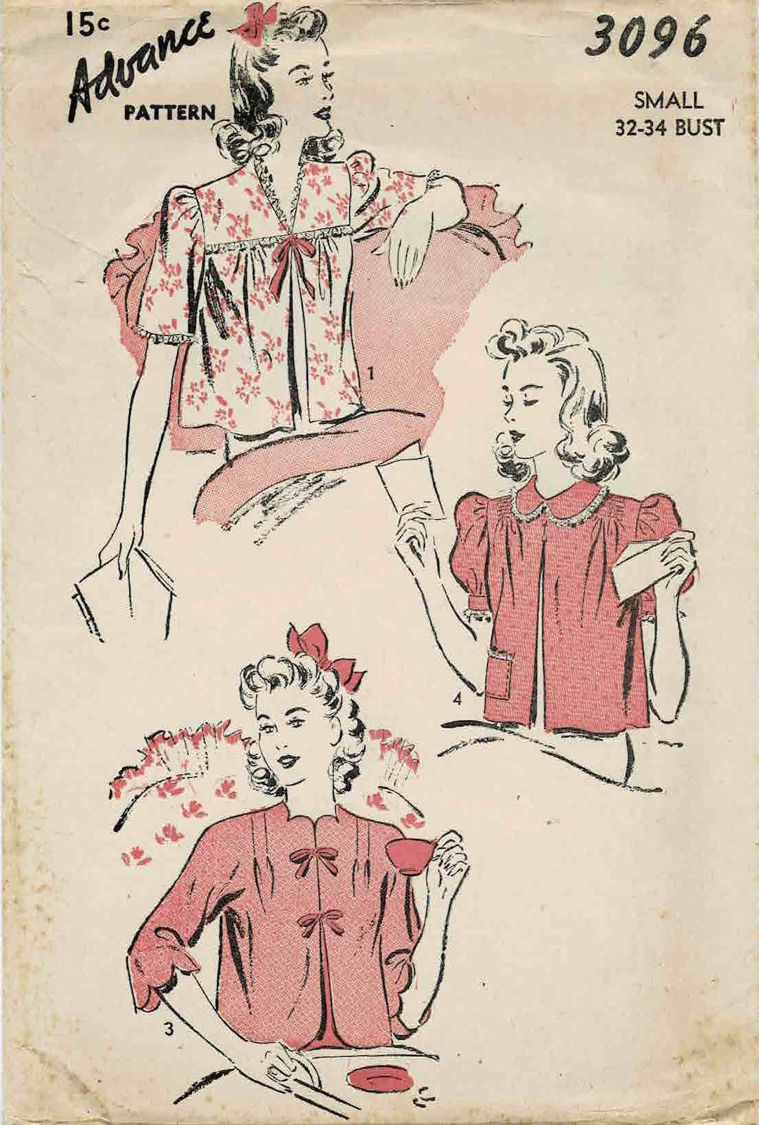 1940s Advance 3096 Vintage Bed Jacket Sewing Pattern Misses Bed Jacket ...