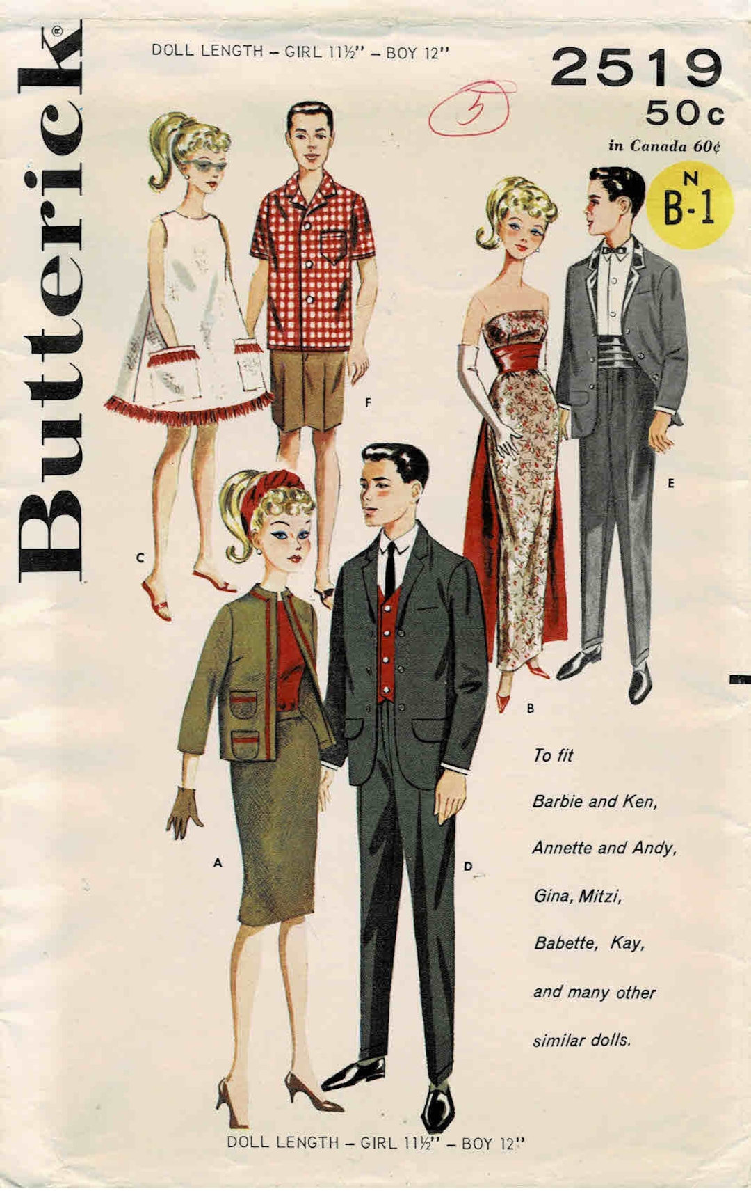 1960s Boy & Girl Teenage Doll Clothes Butterick 2519 Vintage Sewing ...