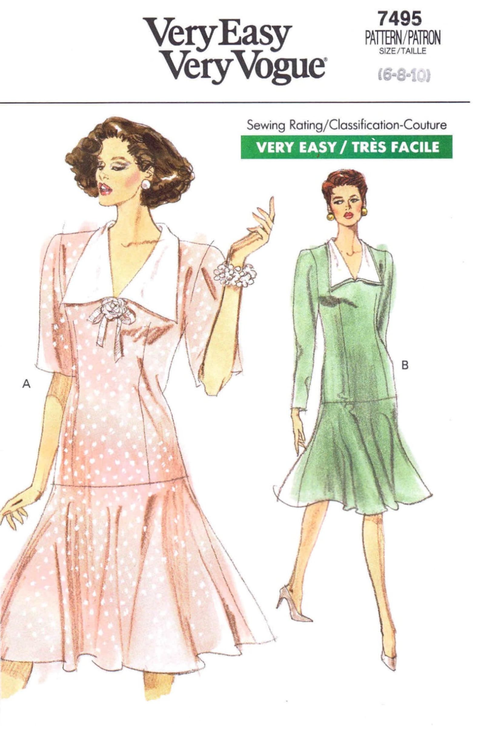 1980s Misses Drop Waist Dress Vogue 7495 Vintage Sewing Pattern Size 6 ...