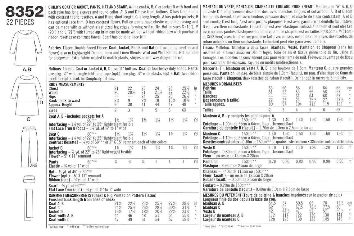 Little Girls Coat or Jacket Pants Hat Scarf Simplicity 8352 | Etsy